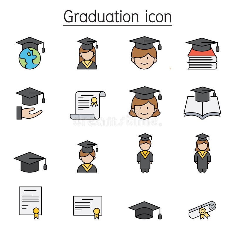 Graduation Icon Set Filled Outline Style Stock Vector - Illustration of ...