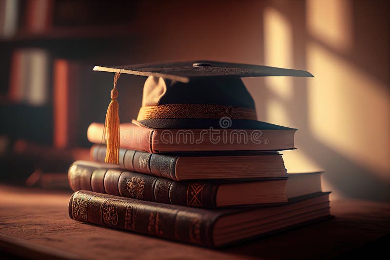 Graduation Memories: the Cap on the Pile of Books - Generative AI Stock ...