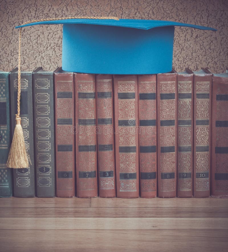 Graduation Cap Diploma Old Books Wooden Table Library Background Stock ...