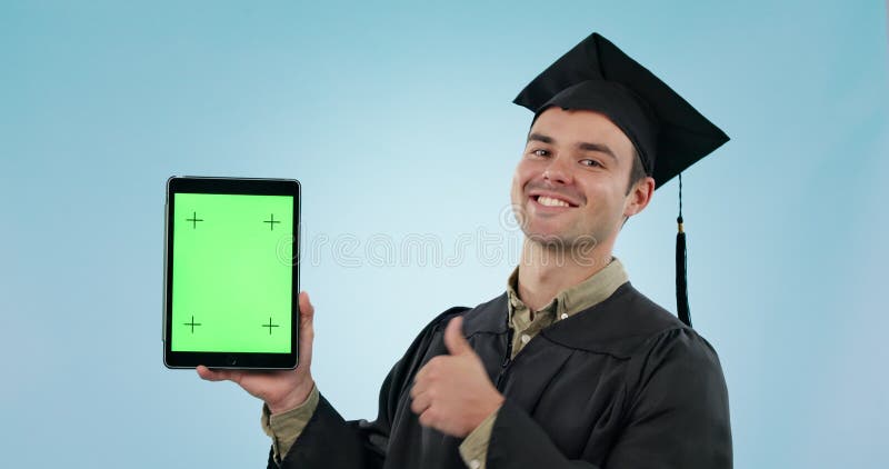Graduation Student, Thumbs Up and Tablet Green Screen or Presentation ...