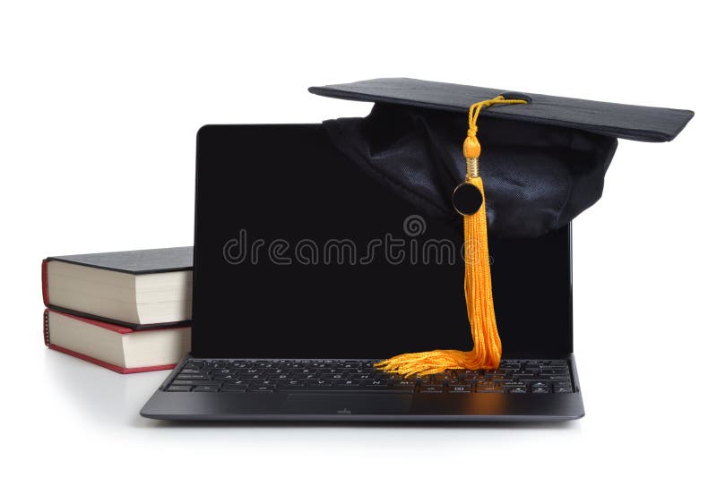 Graduation Cap, Books And Computer Stock Image - Image of blue, book ...