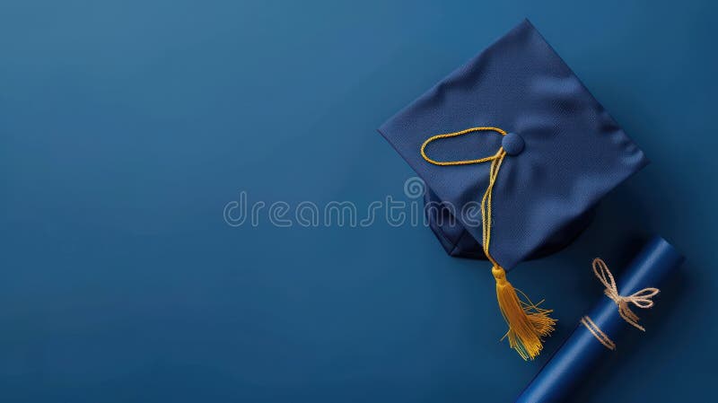 Graduation Success: Mortar Hat and Diploma on Blue Panoramic Background ...