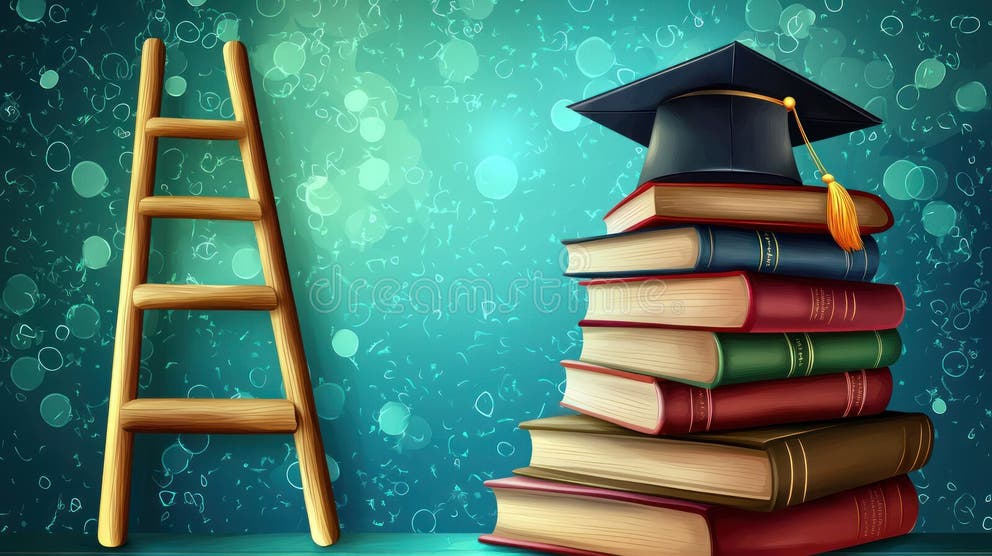 Ascending Knowledge: Graduation Cap on Stack of Books with Ladder Stock ...