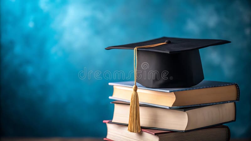 Graduation Theme with Cap on Stack of Books in Academic Setting Stock ...
