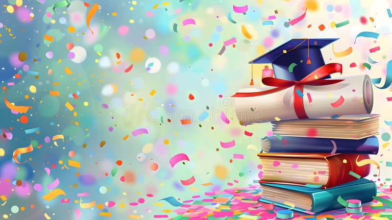 Graduation-Themed Illustration with Podium, Cap, and Balloons. this is ...