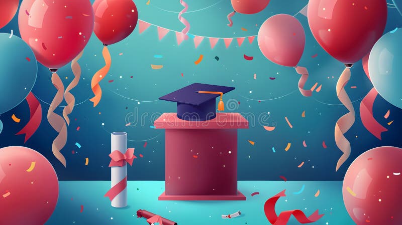 Graduation-Themed Illustration with Podium, Cap, and Balloons. this is ...