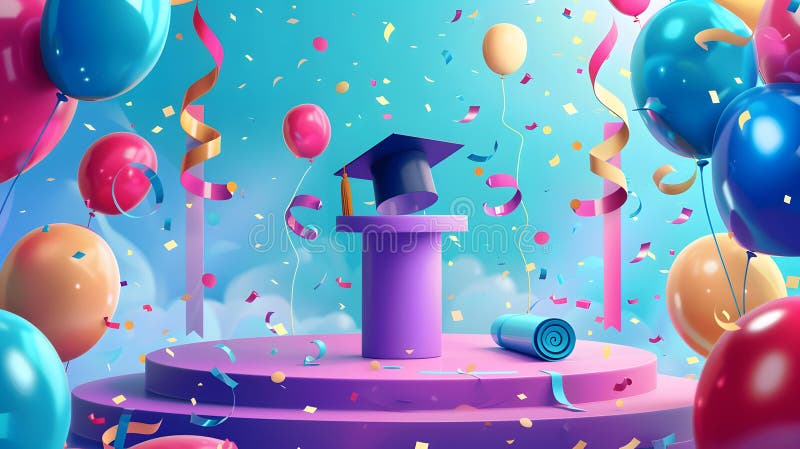 Graduation-Themed Illustration with Podium, Cap, and Balloons. this is ...
