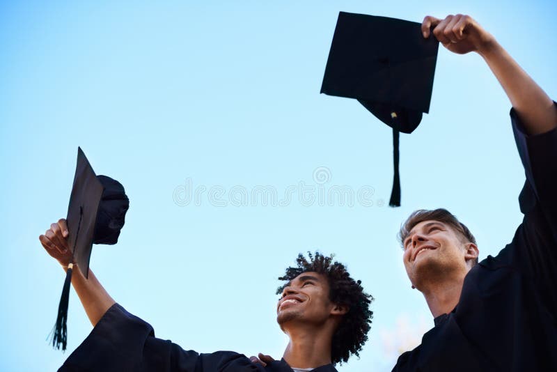 Graduation, University and Students with Hats in Sky for Learning ...
