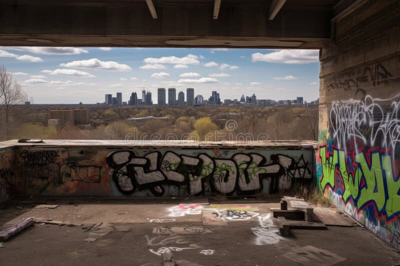 Graffiti on Abandoned Building, with View of the City Skyline in the ...