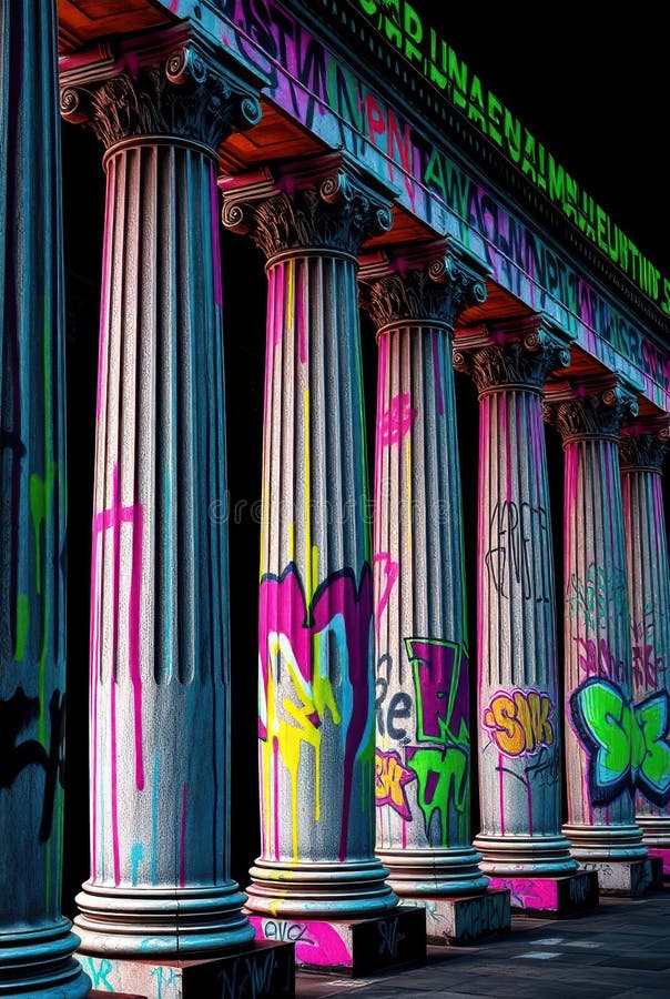 Graffiti Art Covering Ancient Temple Columns Stock Illustration ...