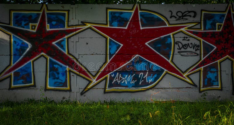 Graffiti with Blue and Red Star on Old Concrete Wall in Rakovnik Town ...