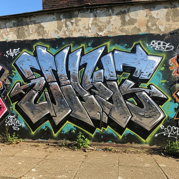 Graffiti in Bold, Angular Letters Painted on a Weathered Concrete Wall ...