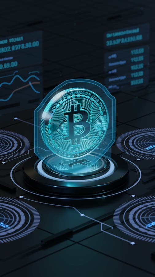 Holographic Bitcoin Representation, Circular Interfaces, Dark Background, Futuristic Digital ...