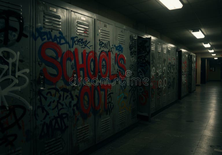 Graffiti Covered School Lockers in Dark Hallway Stock Illustration ...