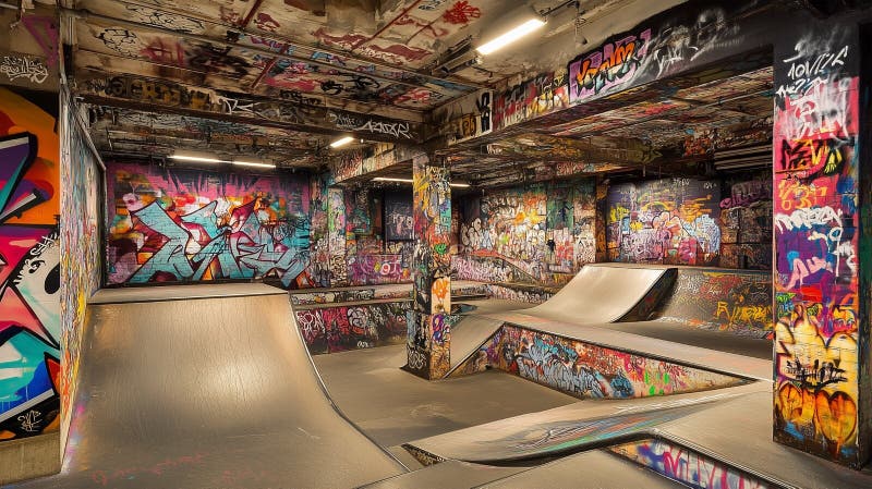 A Graffiti Covered Skate Park with a Ramp and a Wall with Graffiti on ...