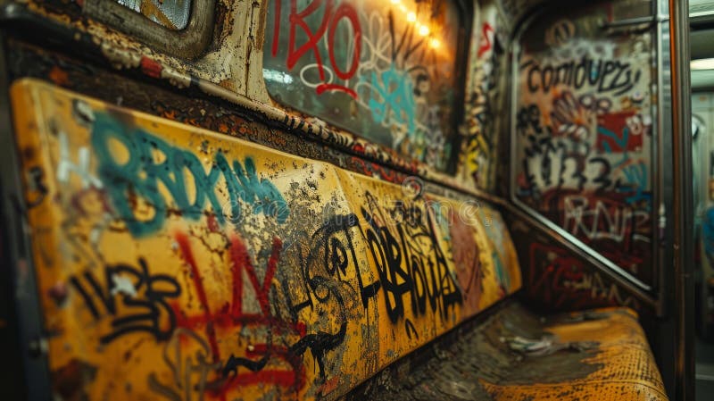 Graffiti-covered Subway Bench in a Train Car. Stock Image - Image of ...