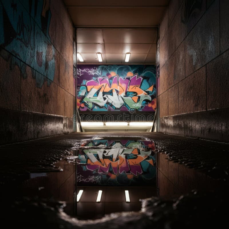 A Striking Reflection of a Graffiti-covered Subway Entrance in a Puddle at Night, Creating an ...