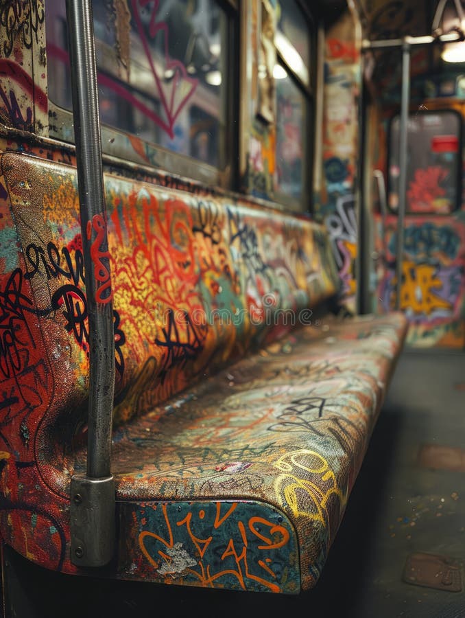 Graffiti-covered Subway Seat with Vibrant, Colorful Designs. Stock ...