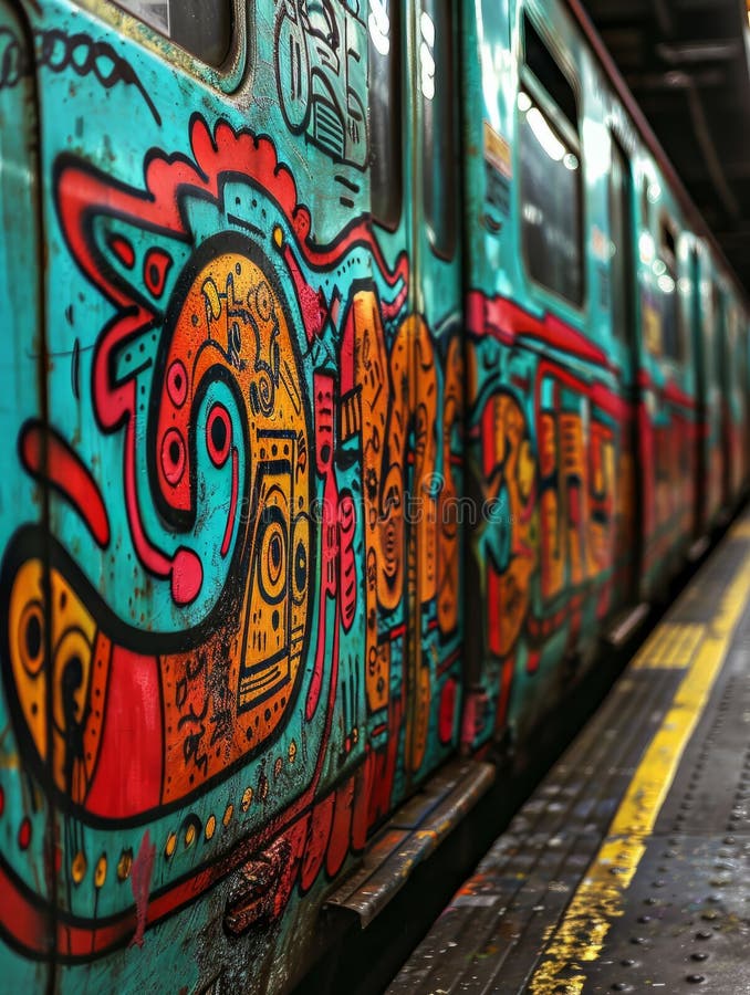Graffiti-covered Subway Train in an Urban Station. Stock Photo - Image ...