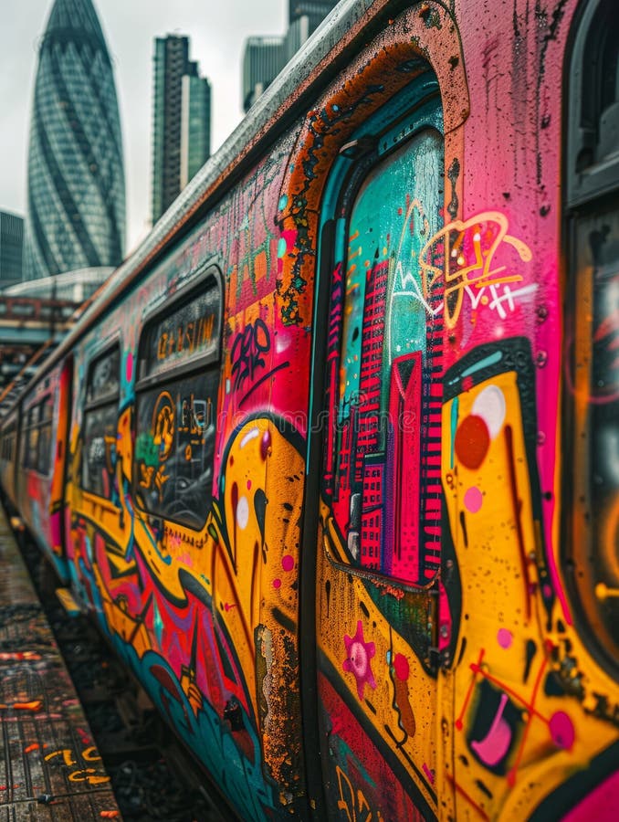 Graffiti-covered Subway Train in a Vibrant Urban Setting. Stock Image ...