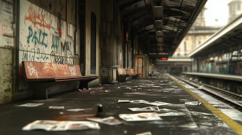 Graffiti-covered Train Station with Littered Platforms and Abandoned ...