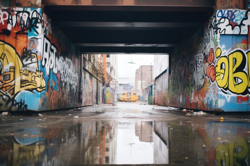 Graffiti-covered Urban Bridge, Dark Alleyway Below Stock Illustration ...