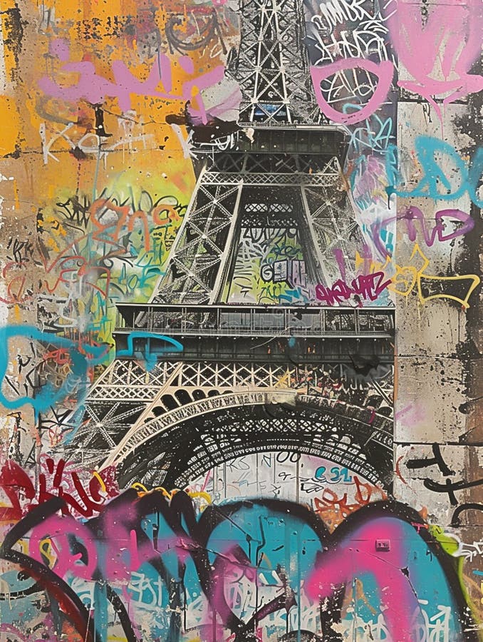 Graffiti Covered Wall with a Picture of the Eiffel Tower in the ...