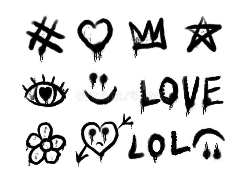 Graffiti Drawing Emo Symbols Set. Painted Graffiti Spray Pattern of ...