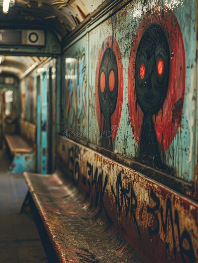 Graffiti of Eerie Aliens with Red Glowing Eyes in an Abandoned Subway ...