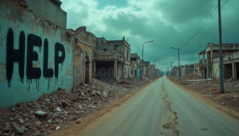 Graffiti "HELP" on Abandoned Ruins, Overcast Sky, Symbol of Desolation ...