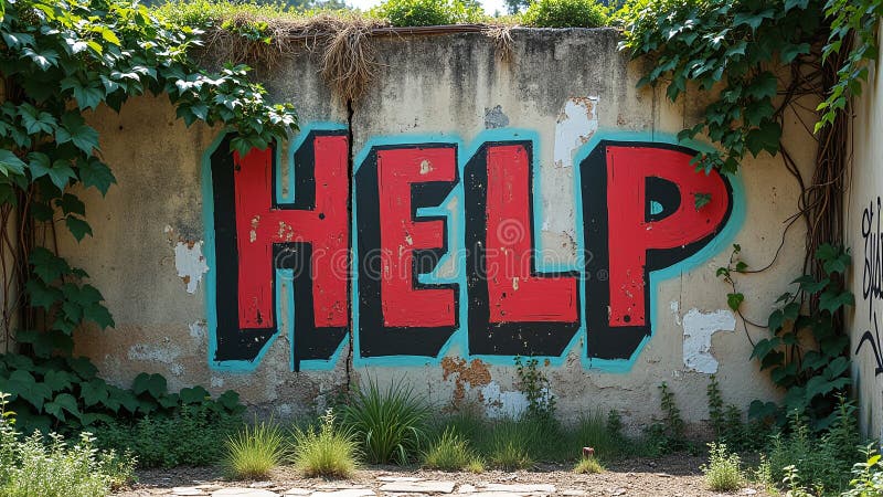 Graffiti "HELP" on Weathered Wall with Vegetation Stock Illustration ...