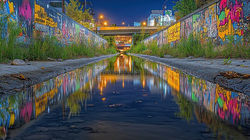 Graffiti-lined Canal Reflects City Lights at Night Stock Illustration ...