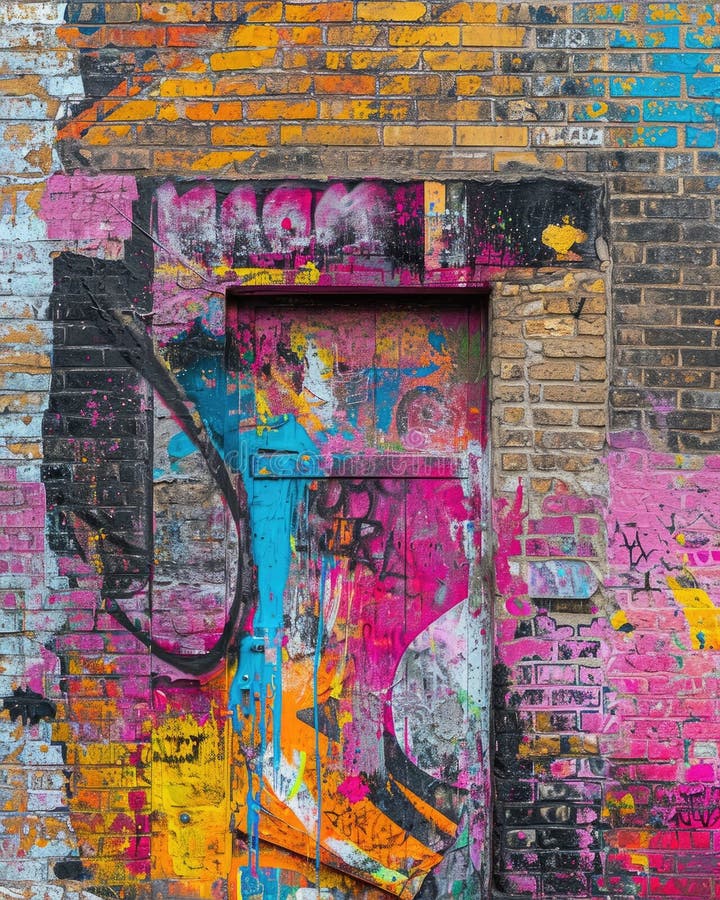 Graffiti Painted Door in Front of Brick Wall Stock Illustration ...