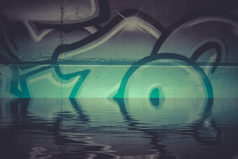Graffiti Reflection in the Water, Artistic Chrome Letters Stock Photo ...