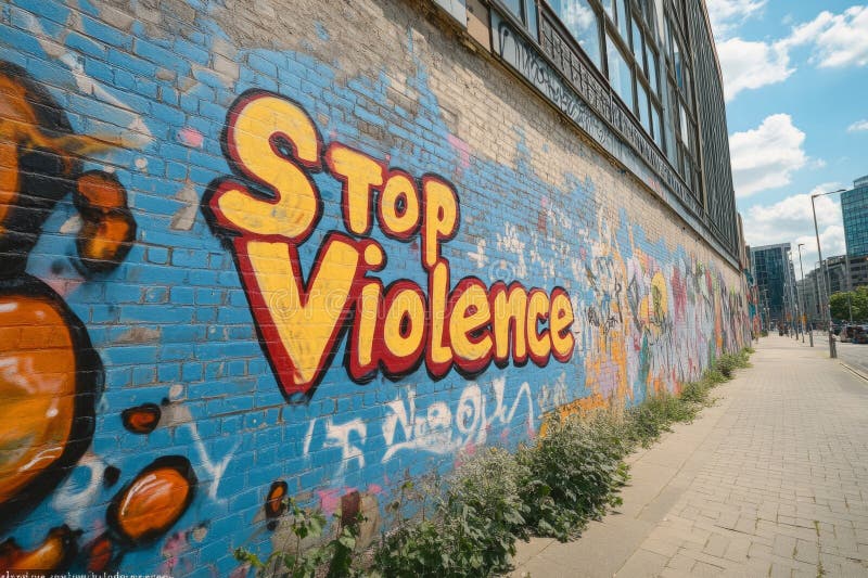Graffiti Stating Stop Violence Painted on a Blue Brick Wall Along a ...