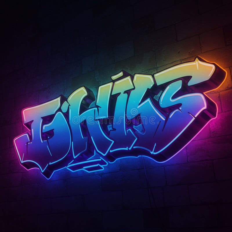Graffiti-style Text is Painted on a Brick Wall, Illuminated by a Neon ...