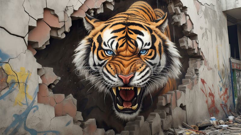 Graffiti of a Tiger Coming Out of a Wall. Stock Photo - Image of ...