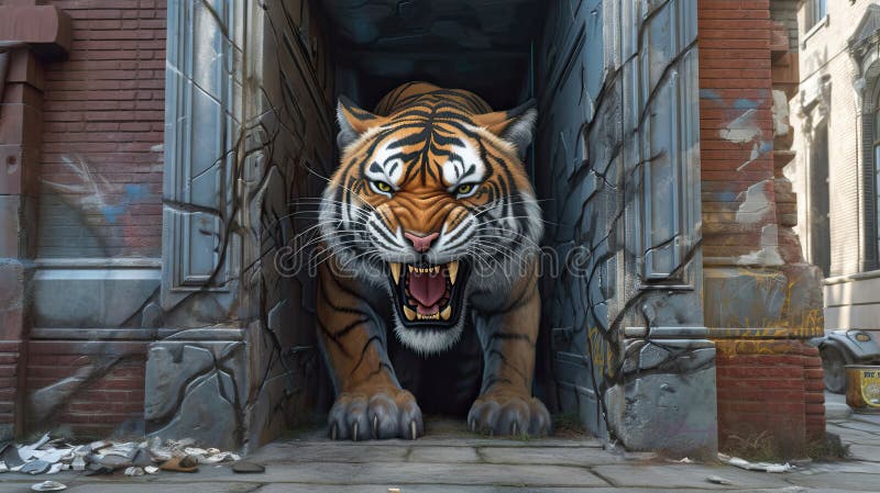 Graffiti of a Tiger Coming Out of a Wall. Stock Illustration ...