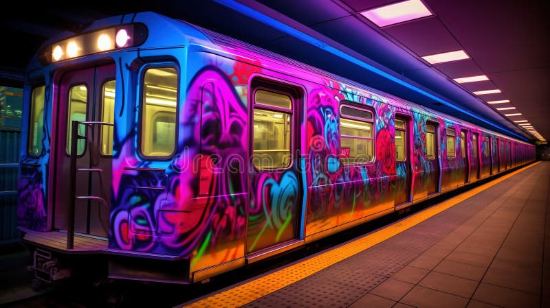 Multi-colored Graffiti Train at Station: a Splash of Subversive Art ...