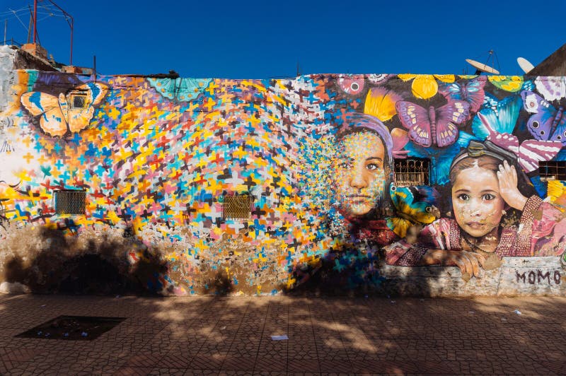 Colored Graffiti Wall with a Woman and a Girl on a Side Editorial Stock ...