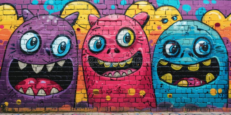 Graffiti Wall with Three Monsters Stock Illustration - Illustration of ...