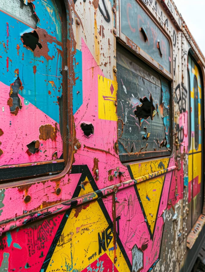 Graffitied and Decaying Exterior of an Old Train with Broken Windows ...