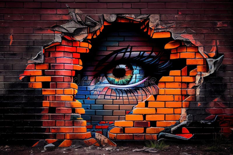 Grafite Arte Numa Parede De Tijolos Com Tijolos A Espreitar Ilustração Stock Ilustração De