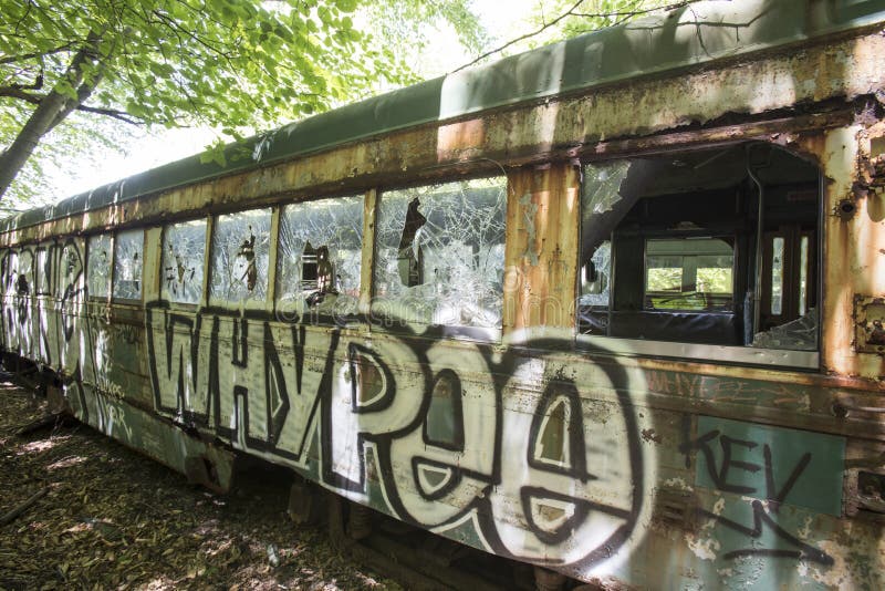 Abandoned Trolley Cars Corner View with Broken Windows Editorial Stock ...