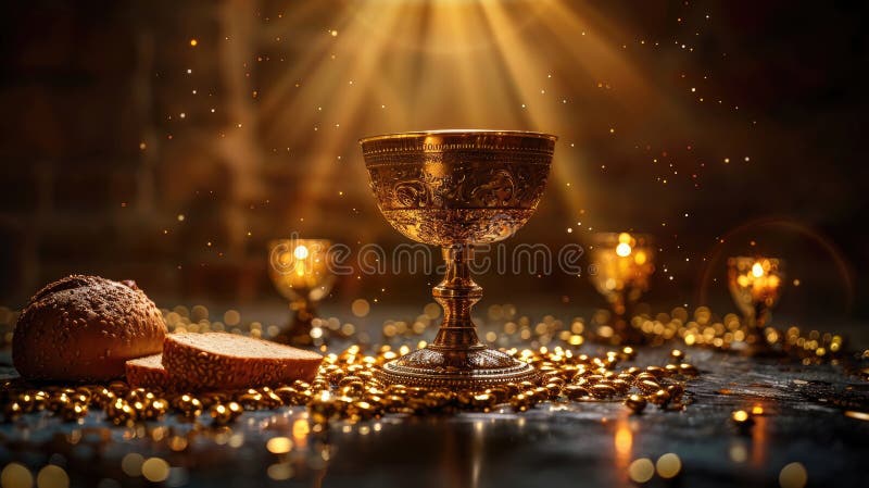 Grail with Bread and Chalice of Wine. Communion in Holy Mass. Stock ...