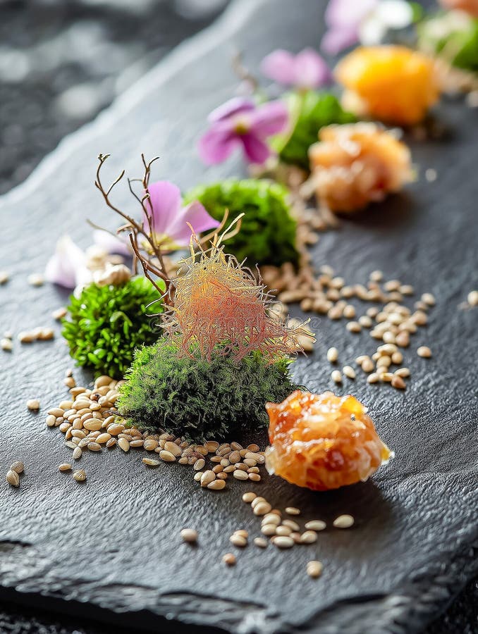 Grain-Based Appetizers with Edible Flowers and Natural Accents Stock ...