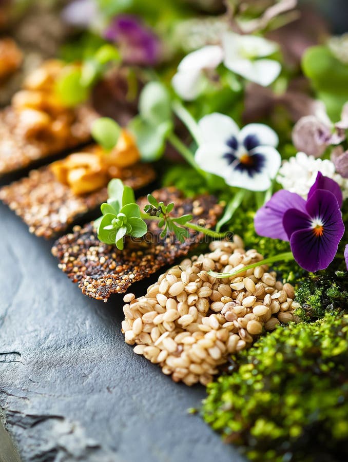 Grain-Based Appetizers with Edible Flowers and Natural Accents Stock ...
