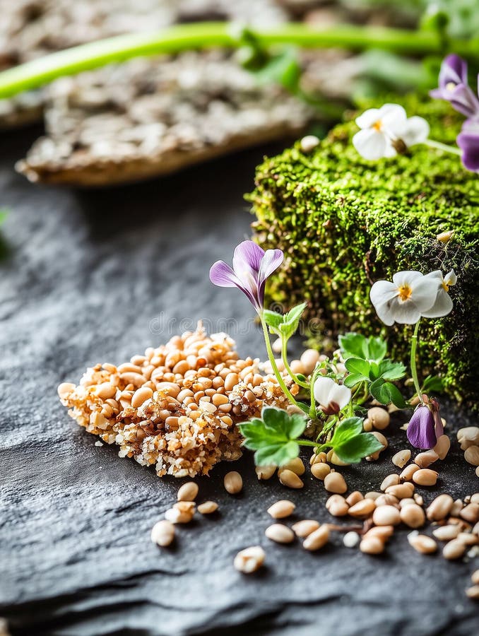 Grain-Based Appetizers with Edible Flowers and Natural Accents Stock ...