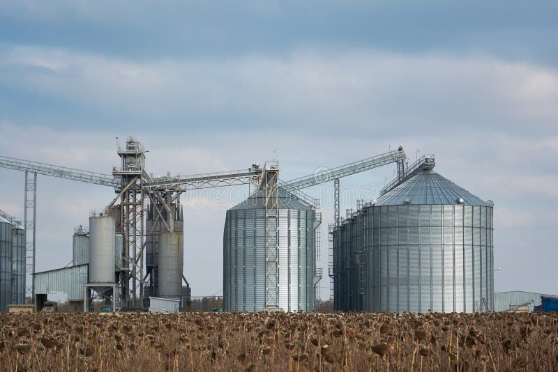 Grain Elevator in Agricultural Zone. Granary with Mechanical Equipment ...