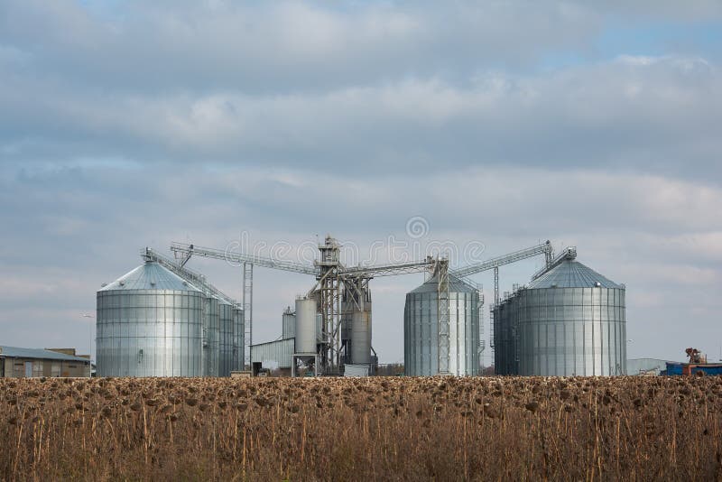 Grain Elevator in Agricultural Zone. Granary with Mechanical Equipment ...
